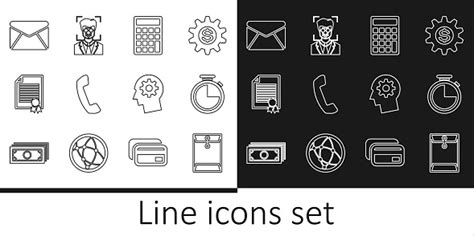 회선 봉투 스톱워치 계산기 전화 핸드셋 인증서 템플릿 내부에 기어가 있는 사람의 머리 및 얼굴 인식 아이콘을 설정합니다 벡터 개념에 대한 스톡 벡터 아트 및 기타 이미지