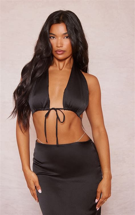 Black Satin Tie Front Triangle Bralet Prettylittlething Ca