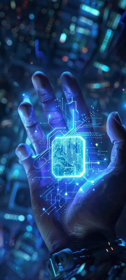 Business Hand With Glowing AI Chip Symbol Cybernetic Space Lighting Stock Illustration