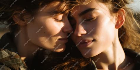 Young Lesbian Couple Touches Foreheads To Each Other Closeup Generative