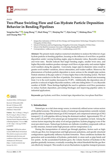 Pdf Two Phase Swirling Flow And Gas Hydrate Particle Deposition Behavior In Bending Pipelines