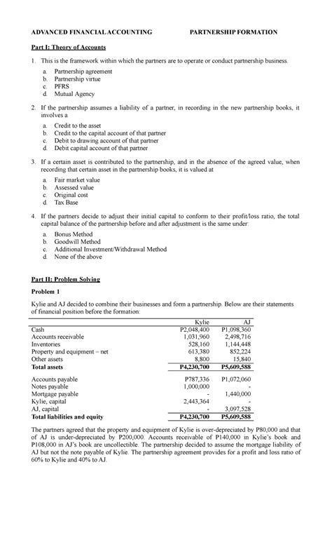 01 Partnership Formation Advanced Financial Accounting Partnership Formation Part I Theory