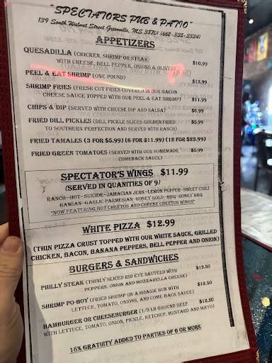 Menu At Spectators Pub And Patio Greenville