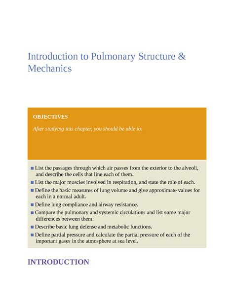 SOLUTION Introduction To Pulmonary Structure Mechanics Study Guide Studypool