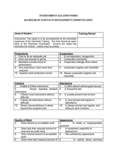 Internship Evaluation Form Pdf