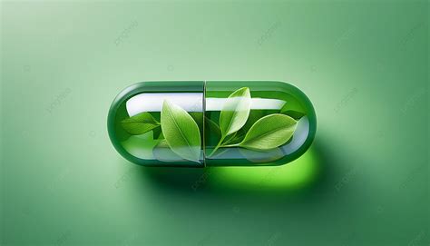 Green Pill With Leaves Inside Background Pill Capsule Green