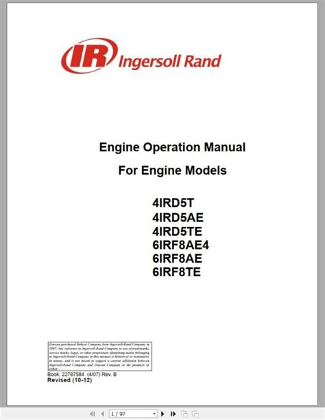 Ingersoll Rand Generator 4ird5te Engine Owners Manual 2012