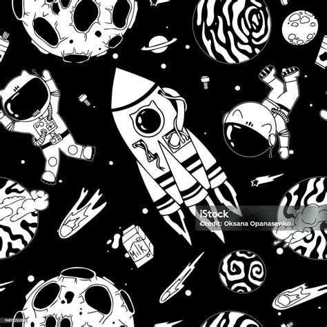 열린 공간에서 우주 비행사 Ufo 우주선 로켓 태양계 은하계 여행 은하 행성 소행성 혜성 별똥별 흑백 패턴입니다 벡터 개체 그룹에 대한 스톡 벡터 아트 및 기타 이미지