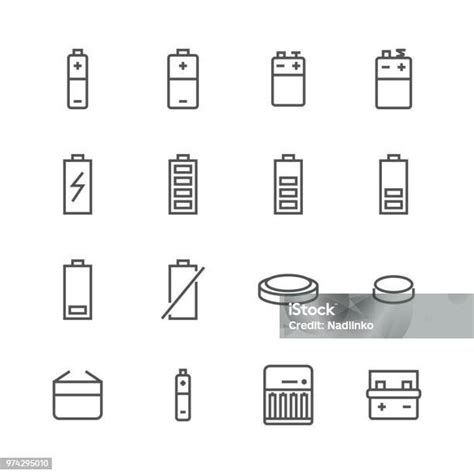 배터리 플랫 라인 아이콘입니다 배터리 종류 삽화aa 알카라인 리튬 자동차 축전지 충전기 완전 충전 전기 저장소에 대 한 얇은 서명 한다 픽셀 완벽 48 X 48 편집 가능한