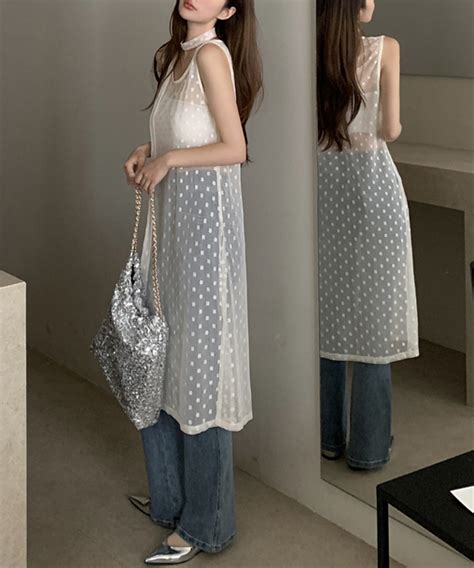 포앤바이앤 슬림 머플러 포함 레이어드 원피스 라운드넥 민소매 나시 망사 레이스 시스루 트임 미디원피스 청순섹시 힙한