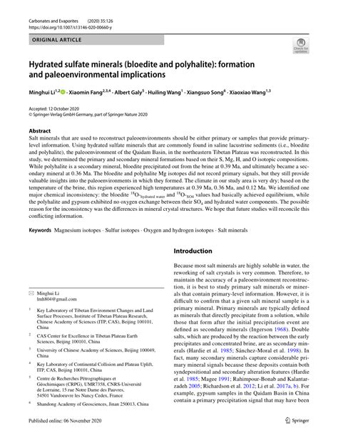 Pdf Hydrated Sulfate Minerals Bloedite And Polyhalite Formation