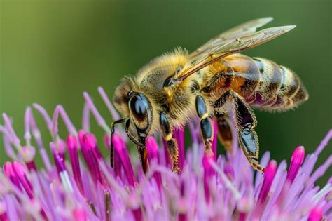 bee interacting with purple flower in close up view premium ai