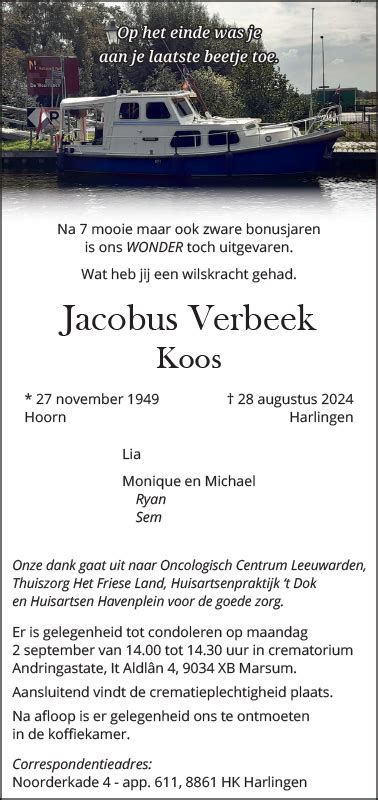 Koos Verbeek 27 November 1949 28 Augustus 2024 Leste Groet