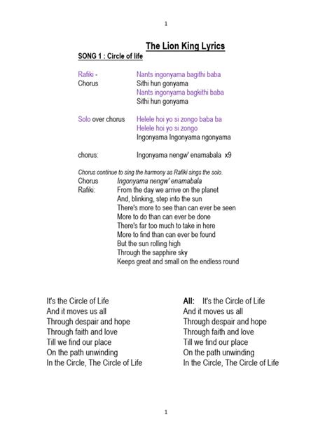Circle Of Life Lyrics Pdf