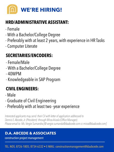 D A Abcede And Associates On Linkedin Hiring Constructionmanagement Civilengineering