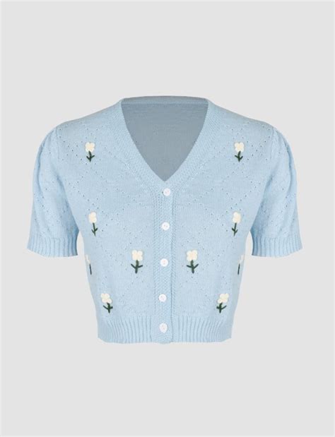 Floral Embroidery Knitted Top Juicici Baju Atasan Wanita Gaya Model Pakaian Korea Kasual