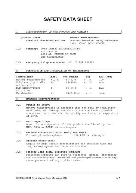 Safety Data Sheet Dyna Dental