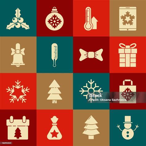 세트 크리스마스 눈사람 종이 쇼핑 백 선물 상자 기상 온도계 측정 메리 울리는 벨 지점 Viburnum Guelder 장미와 나비 넥타이 아이콘 벡터 겨울에 대한 스톡 벡터