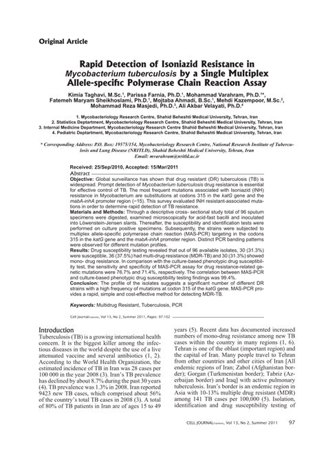 Pdf Rapid Detection Of Isoniazid Resistance In Mycobacterium Tuberculosis By A Single