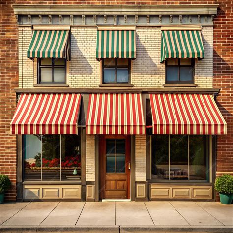 Vintage Storefront With Striped Canvas Awnings Evoking A Nostalgic