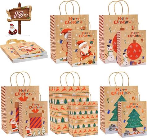 10x Cadeauzakken Set Van Kraftpapier Met Handvatten En Stickers Voor