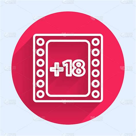 白线播放视频与题词18加上内容图标孤立与长影子。年龄限制的象征。成人频道。红色圆圈按钮。矢量图素材 花瓣网