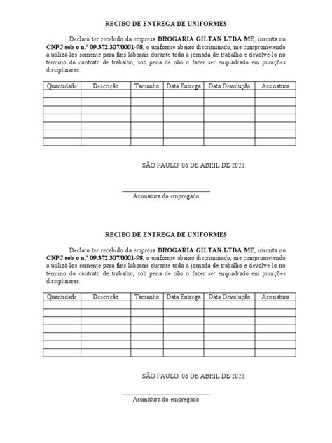Recibo De Entrega De Uniformes Pdf Expediente Direito Privado
