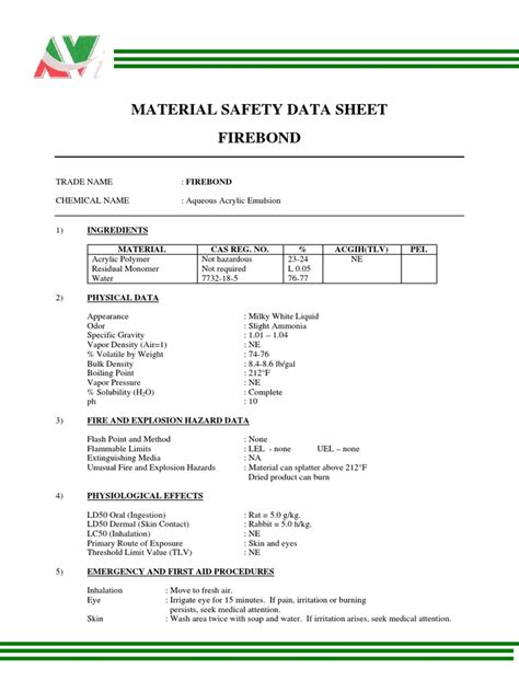 Material Safety Data Sheet Firebond Ingredients Material Cas Reg No Acgih Tlv Pel Pdf