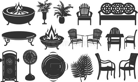 Silhouettes Of Outdoor Furniture And Decor Elements In Black And White