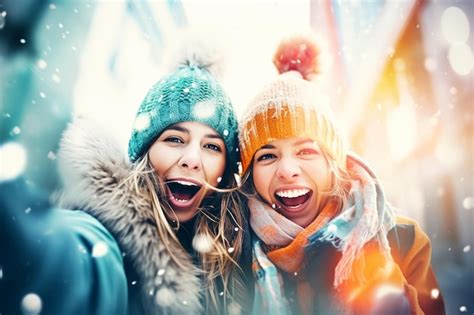 Premium Photo Happy Young Girlfriends Having Fun And Taking Selfies