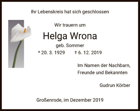 Traueranzeigen Von Helga Wrona Trauer Hna De