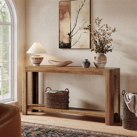 Finmind 63 Inch Rustic 2 Tier Entryway Console Table Narrow Sofa Table