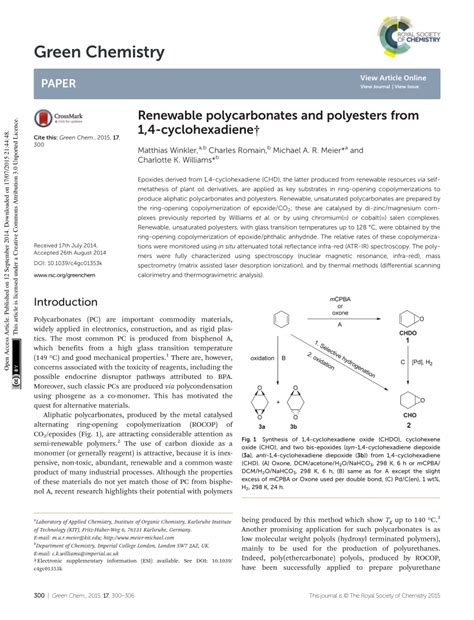 Pdf Renewable Polycarbonates And Polyesters From 14 Cyclohexadiene