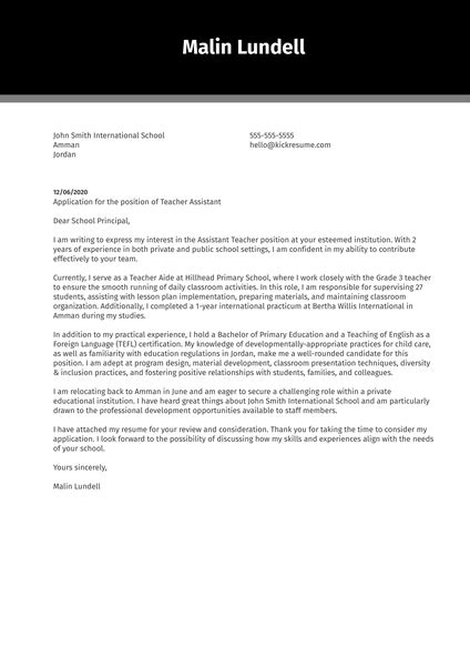 Teacher Assistant Cover Letter Samples And Examples 2026 Kickresume