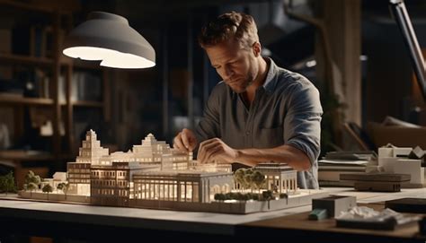 Premium Photo A Man Constructing A Miniature Model Of A Building
