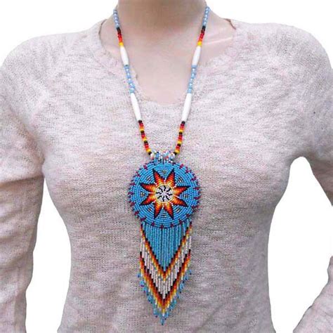 Turquoise Blue Seed Bead Long Star Medallion Beaded Necklace Earrings