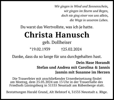 Traueranzeigen Von Christa Hanusch Trauer Anzeigen De