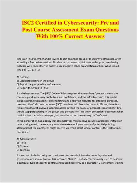 ISC2 Certified in Cybersecurity: Pre and Post Course Assessment Exam Questions With 100% Correct ...