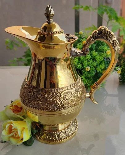 Indian Art Villa Designer Embossed Brass Jug Pitcher With Lid