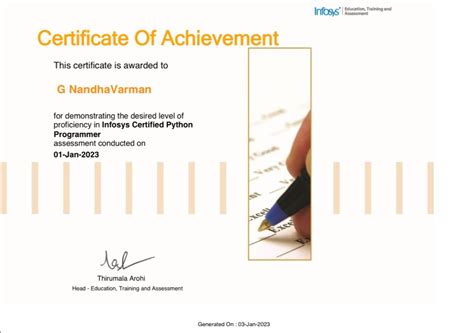 i had successfully completed professional certification in python programming language infosys