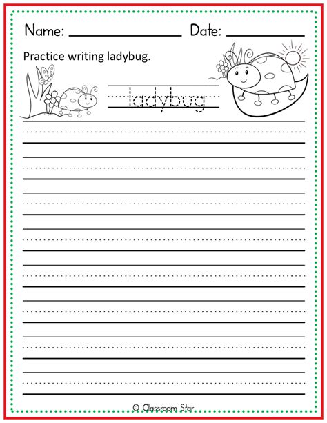 Spring Practice Writing Ladybug Classroom Star Worksheets