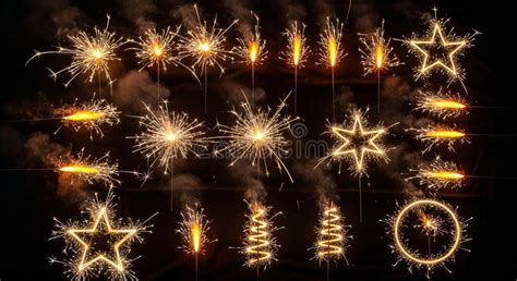 Collection Of Sparkling Firework Sparklers In Various Shapes On Black