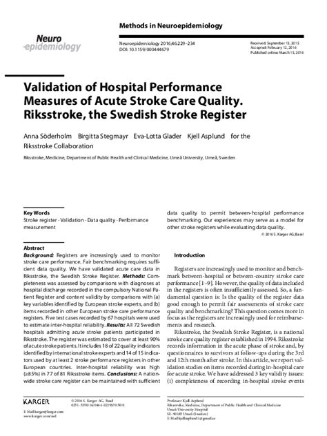 Pdf Validation Of Hospital Performance Measures Of Acute Stroke Care Quality Riksstroke The