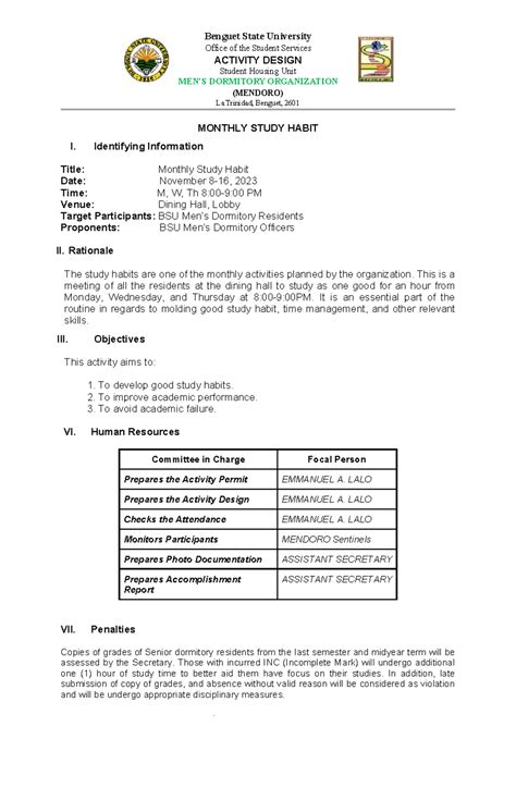 Bsu Dormitory Monthly Study Habit Activity Design Nov 2023 Studocu