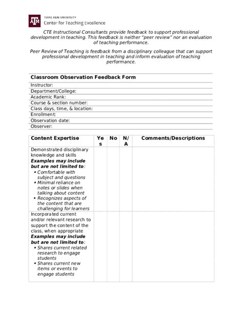 Class Observation Feedback Report Cte Tamu Doc Template Pdffiller