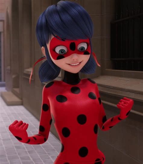 A Cartoon Lady Bug With Blue Hair And Black Dots On Her Face Standing In Front Of A Building