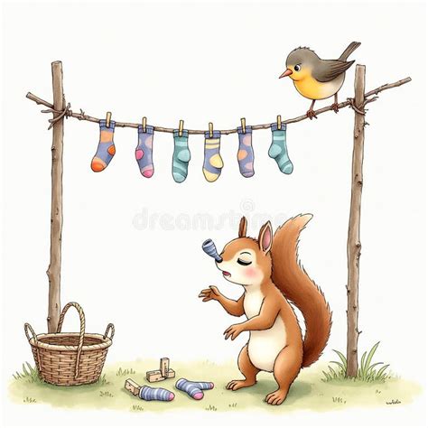 Cute Squirrel Hanging Colorful Socks With Clothespins Bird Watching On