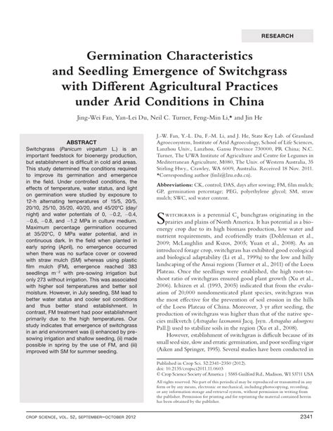 Pdf Germination Characteristics And Seedling Emergence Of Switchgrass