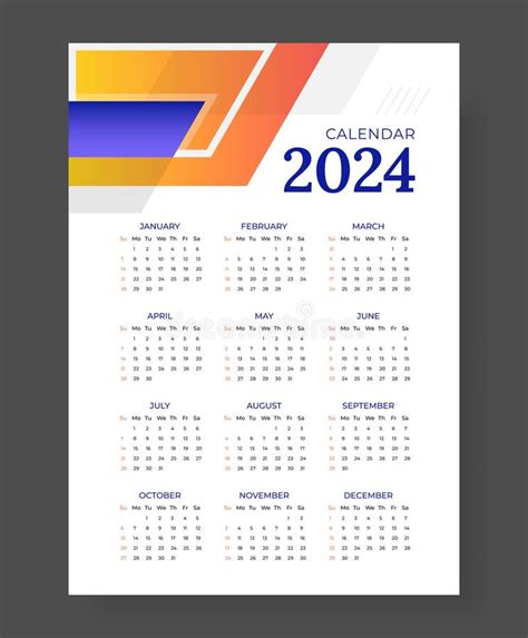 2024 Wall Calendar Template One Page Design Week Start Sunday Simple
