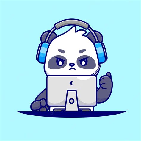 Premium Vector Cute Panda Working On Computer With Headphone Cartoon
